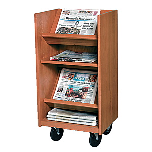 Laminate wood narrow book trolley for newspaper display - Library ...