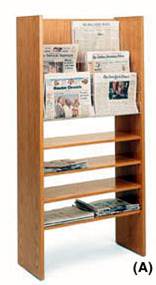 Newspaper display rack in cascading pocket design with extra storage ...